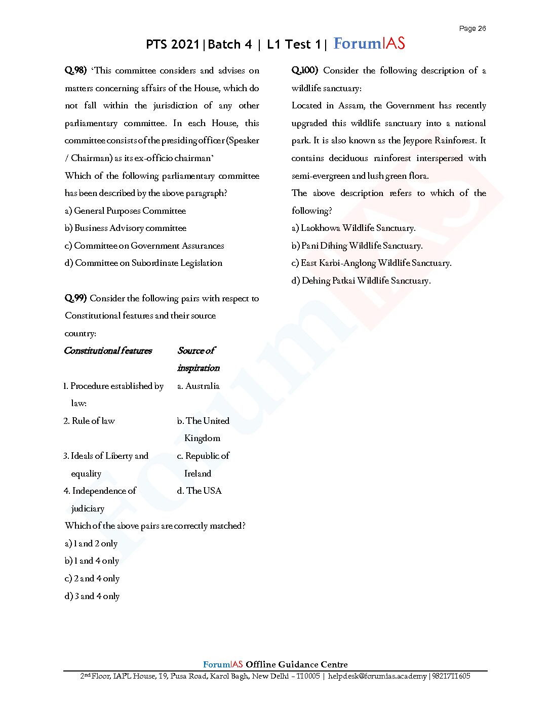 FORUMIAS TEST BOOKLET GENERAL STUDIES PAPER – I BATCH – 4 – L1 TEST-1 ...
