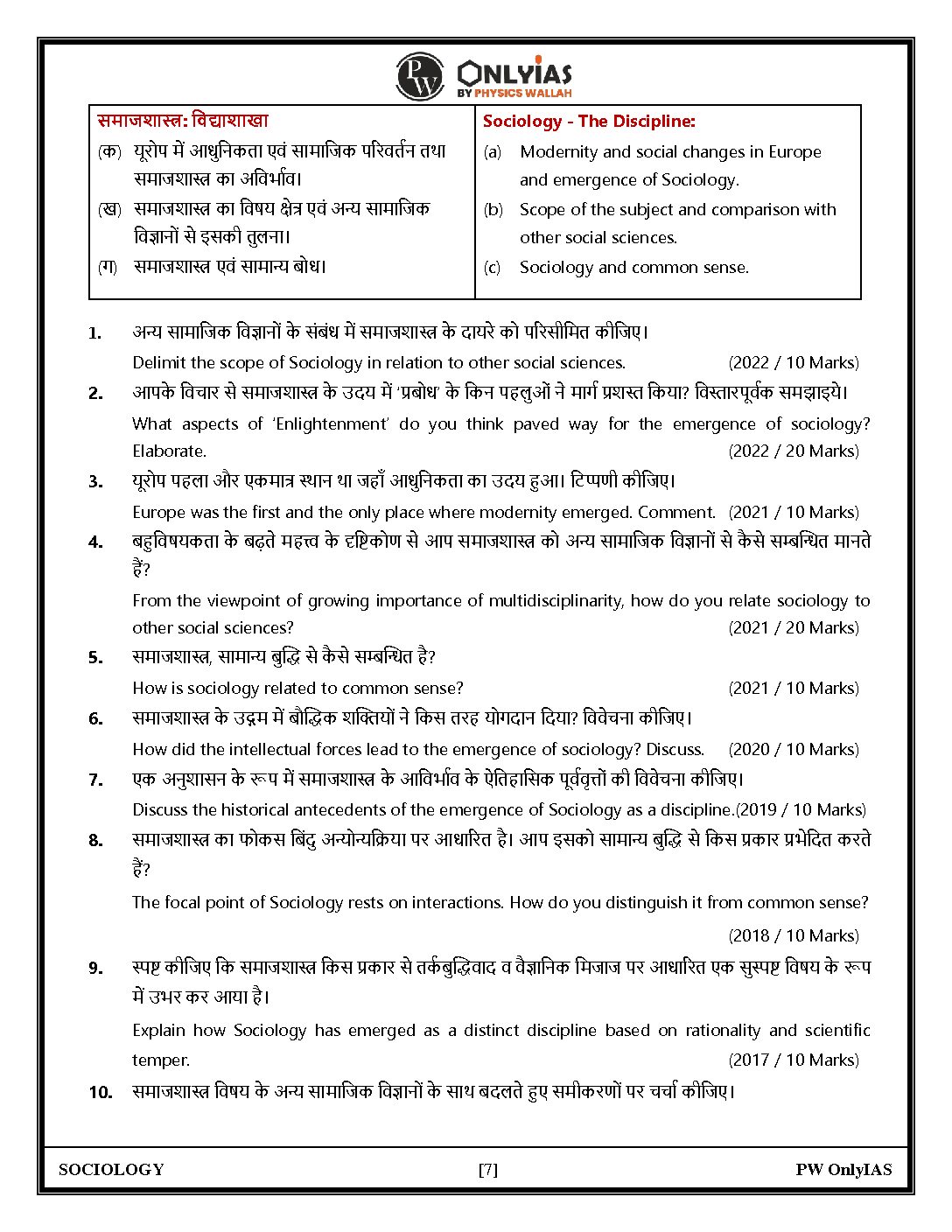 SOCIOLOGY ONLY IAS UPSC 10 YEAR SOCIOLOGY OPTIONAL (PAPER-I & II) TOPIC-WISE PREVIOUS YEAR ...