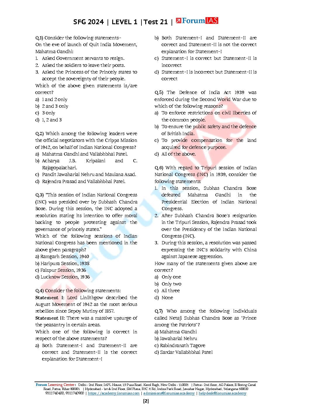 FORUMIAS 2024 SFG LEVEL-1 TEST-21 TO 24 2024 FINAL {MODERN HISTORY ...