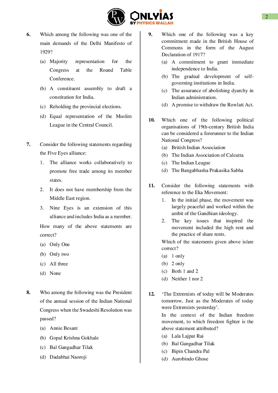 ONLY IAS 2025 TEST-10 MODERN INDIA PART-2 2025 FINAL (ENGLISH) {BLACK ...